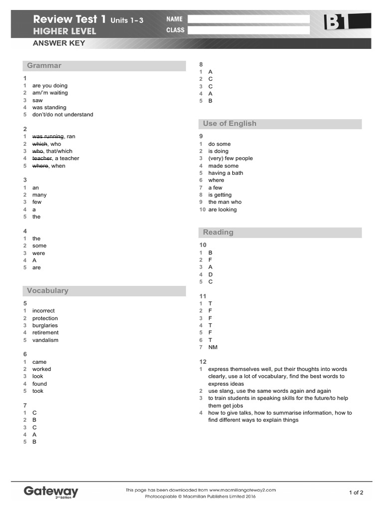 B1 Review Test 1 Answer Key Higher | PDF | Cognition
