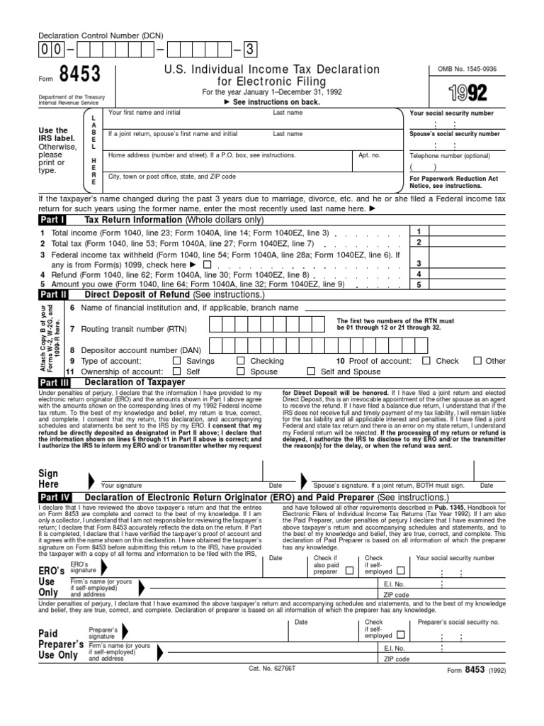 US Internal Revenue Service: f8453 - 1992 | PDF | Irs Tax Forms ...