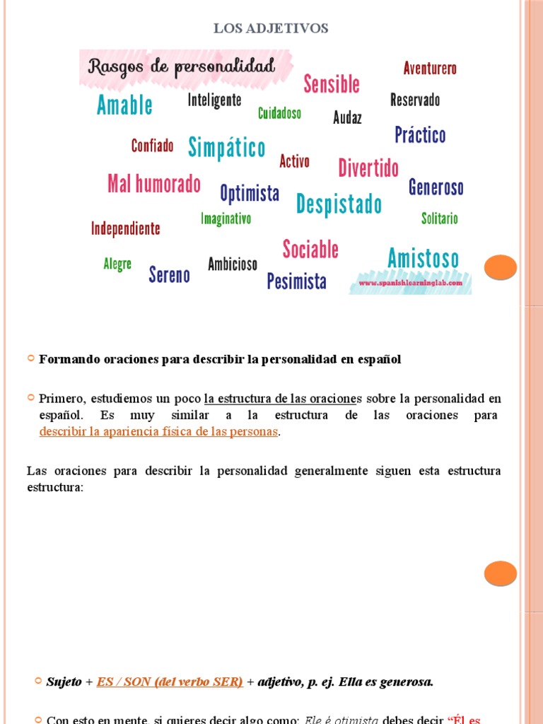 Describir Personalidad en Español | PDF | Adjetivo | Oración (Lingüística)