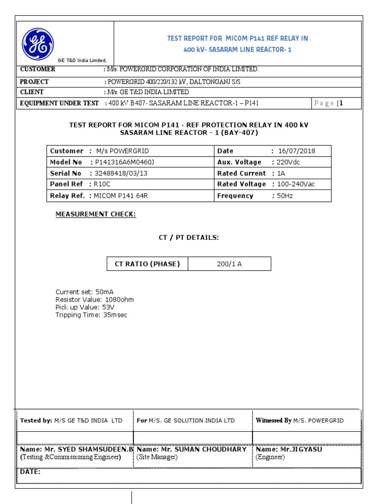 Test Report For Micom P141 Ref Relay in 400 Kv-Sasaram Line Reactor - 1 ...