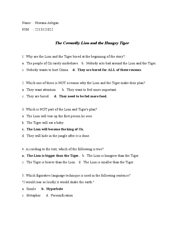 The Cowardly Lion and The Hungry Tiger: C. The Lion Will Become The ...