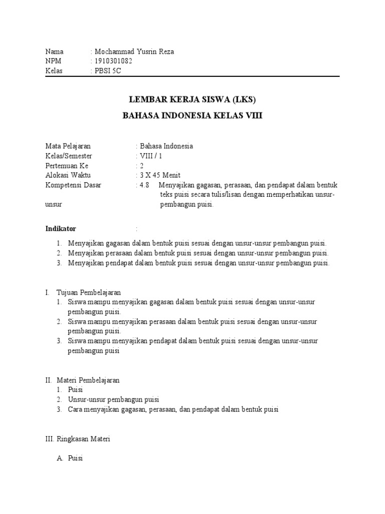 LKS Bahasa Indonesia Kelas VIII | PDF | Puisi