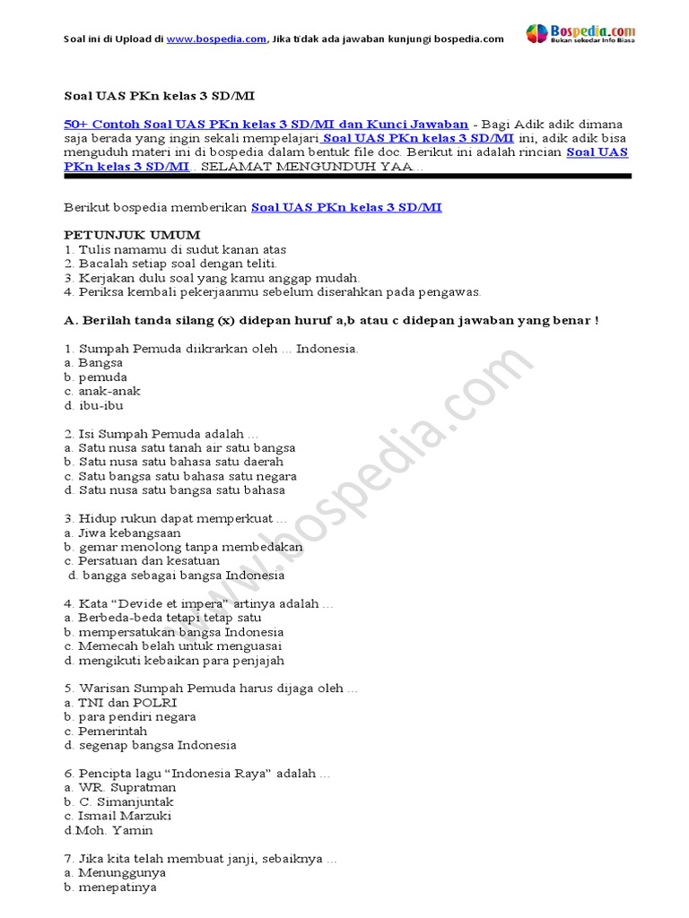 Soal UAS PKn Kelas 3 SD/MI | PDF