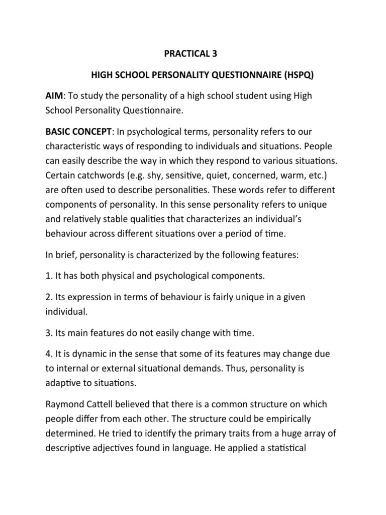 High School Personality Questionnaire (HSPQ) AIM: To Study The ...