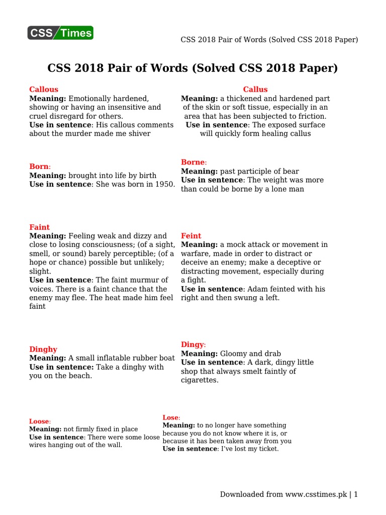 CSS 2018 Word Pairs Explained | PDF