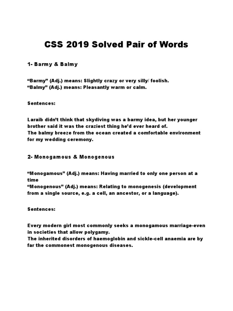 CSS 2019 Solved Pair of Words: 1-Barmy & Balmy | PDF | Linguistics CSS 2019 Solved Pair of Words: 1-Barmy & Balmy | PDF | Linguistics