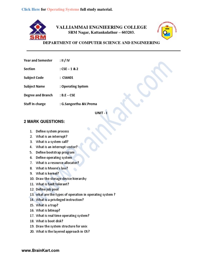159 - CS8493, CS6401 Operating Systems - Question Bank | PDF | Operating System | Scheduling ...