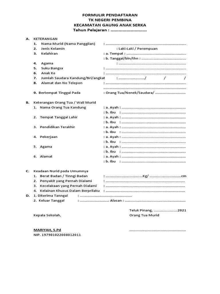 FORMULIR PENDAFTARAN TK | PDF