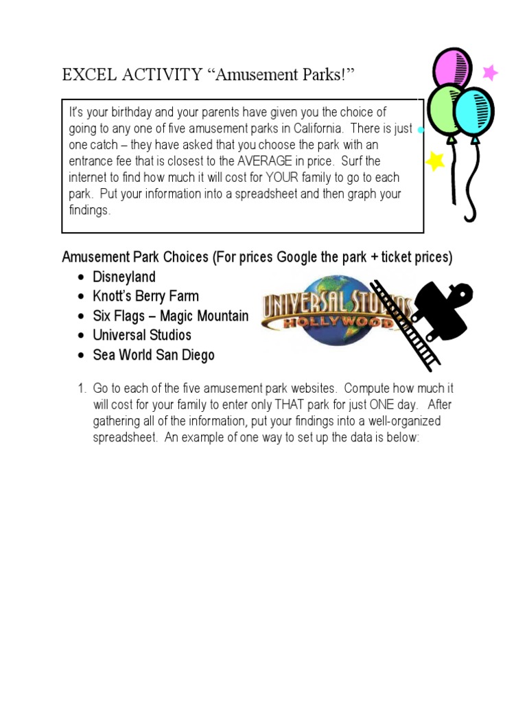 EXCEL ACTIVITY "Amusement Parks!" | PDF | Amusement Park | Spreadsheet
