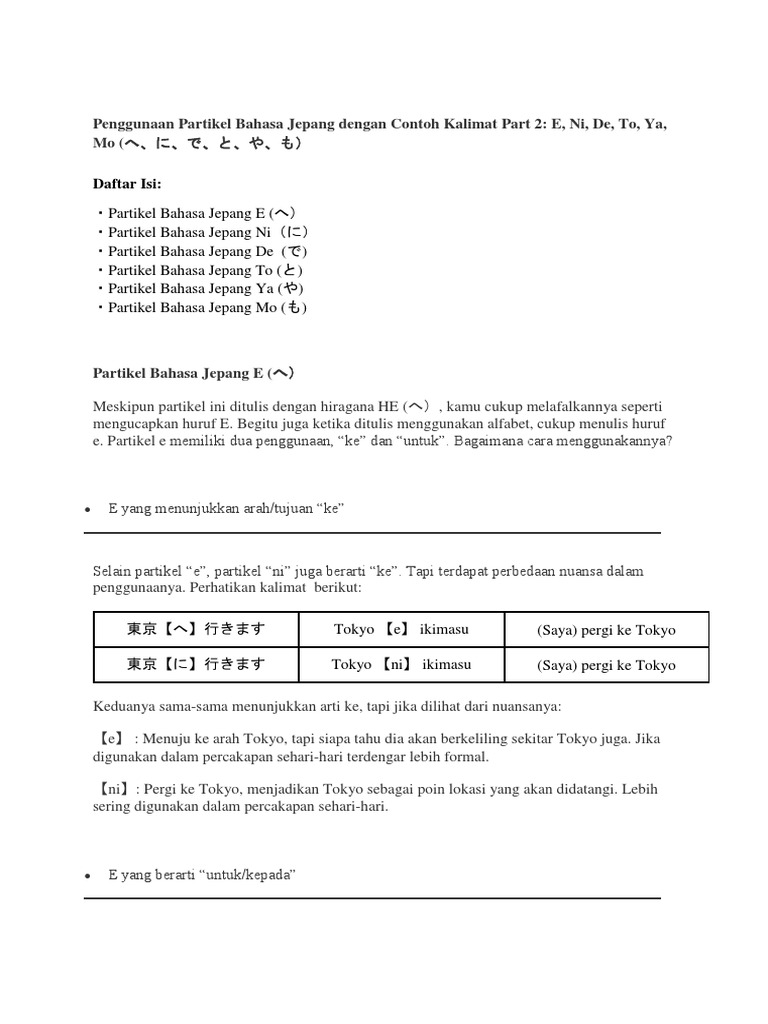 02 - Penggunaan Partikel Bahasa Jepang Dengan Contoh Kalimat Part 2 | PDF