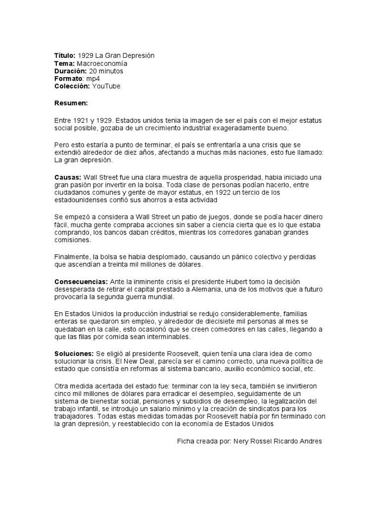 Ficha Videografica La Gran Depresion | PDF