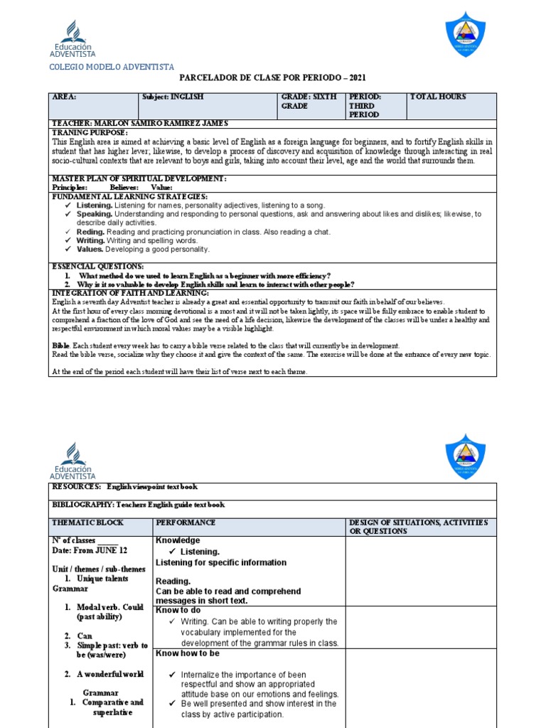 6th Grade Plan | PDF | English Language | Learning