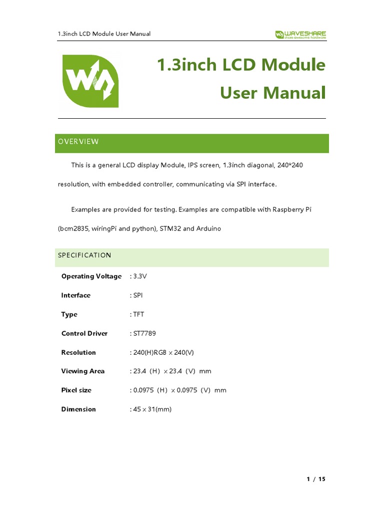 1.3inch LCD Module User Manual en | PDF | Raspberry Pi | Computer Hardware
