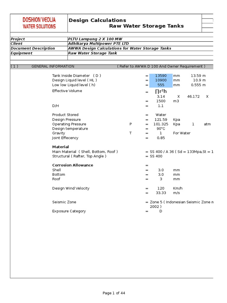 Design Calculations Raw Water Storage Tanks | PDF | Fluid Dynamics ...