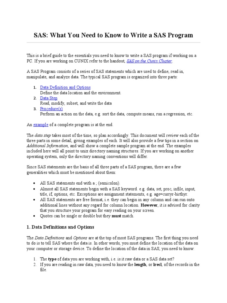 Sas What You Need To Know To Write A Sas Program Data Definition And Options Data Step