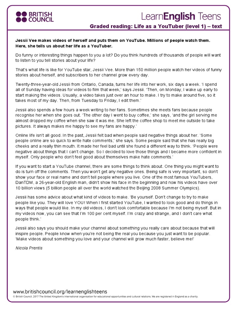 Graded Reading: Life As A Youtuber (Level 1) - Text | PDF | You Tube