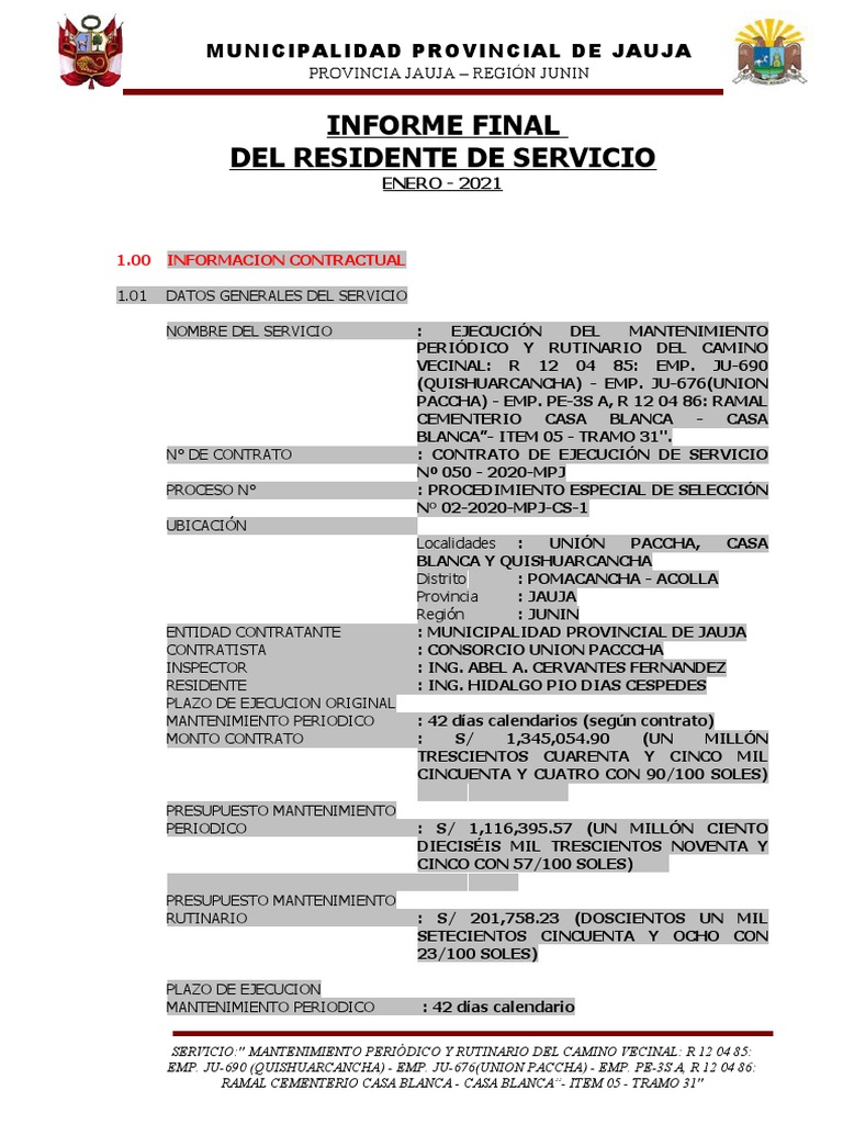 Informe Final Enero 2021 C. Union Paccha | PDF