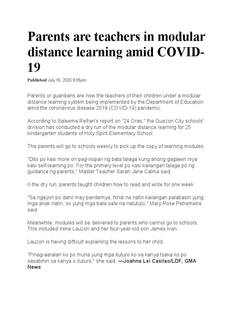 Parents Are Teachers in Modular Distance Learning Amid COVID | PDF ...