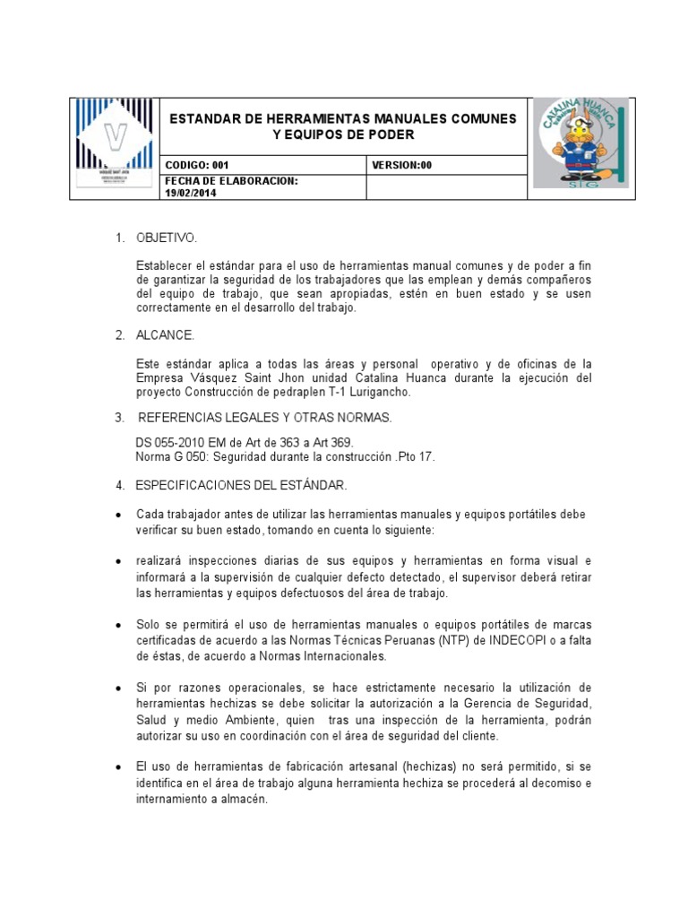 Estandar de Herramientas Manuales Comunes Y Equipos de Poder | PDF ...