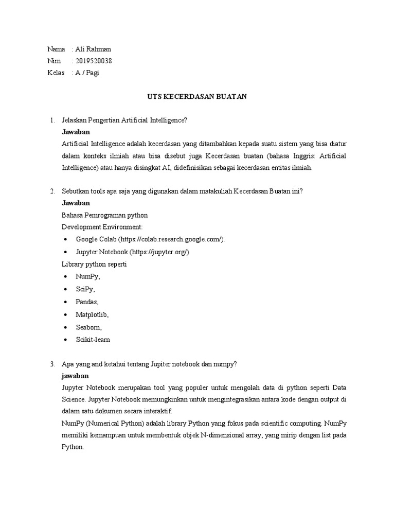 UTS Kecerdasan Buatan (Ali Rahman 2019520038) | PDF