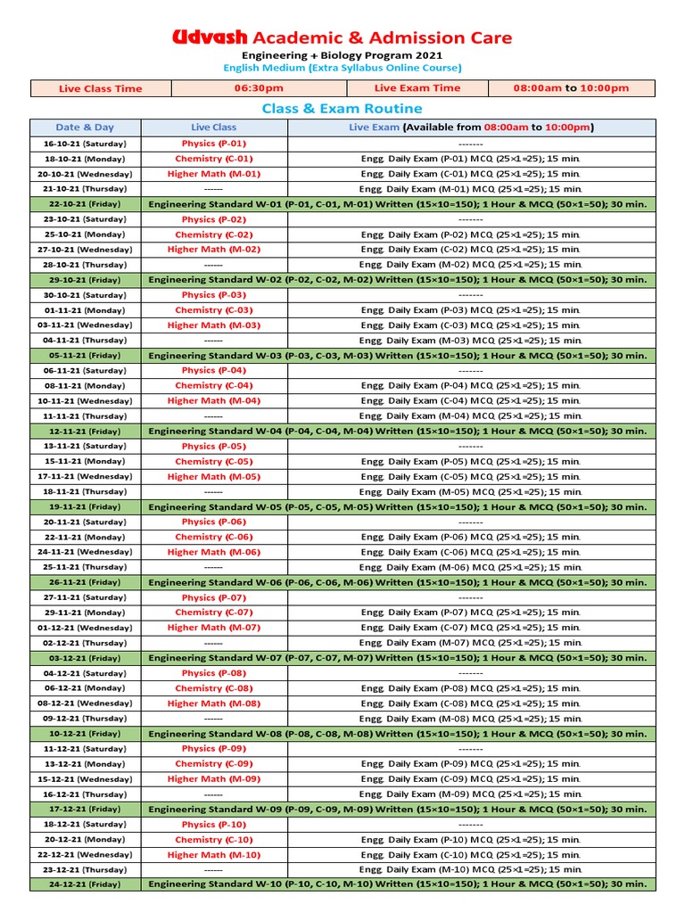Udvash Engineering Routine 2025 | PDF | Chemical Reactions ...