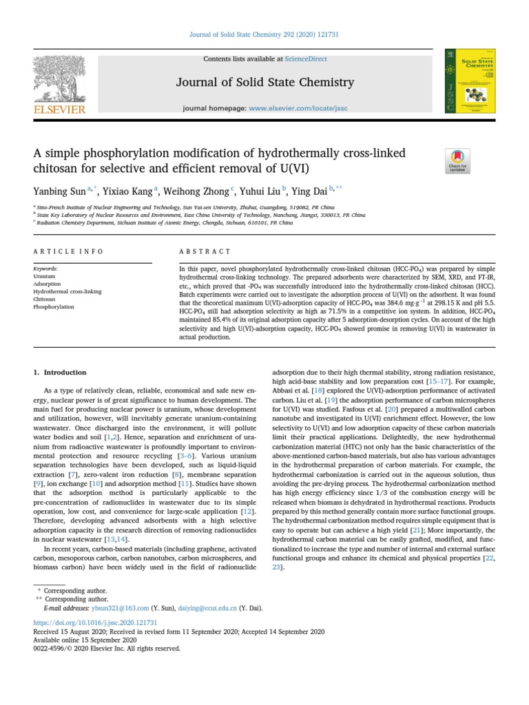 Journal of Solid State Chemistry: Yanbing Sun, Yixiao Kang, Weihong ...