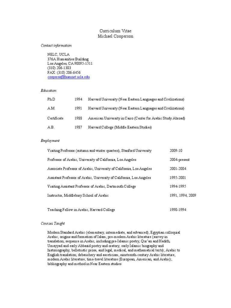 Michael Cooperson: Academic CV | PDF | Arabic Literature | Arabic
