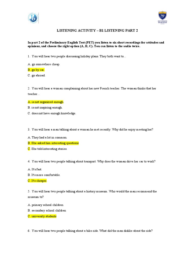 Listening Activity - B1 Listening Part 2 | PDF