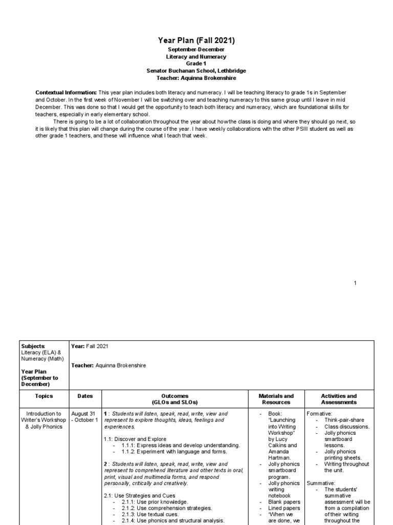 Grade 1 Literacy and Numeracy Year Plan | PDF | Reading Comprehension ...