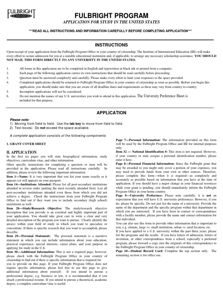 Fulbright Program Instructions Download Free Pdf Graduate Record