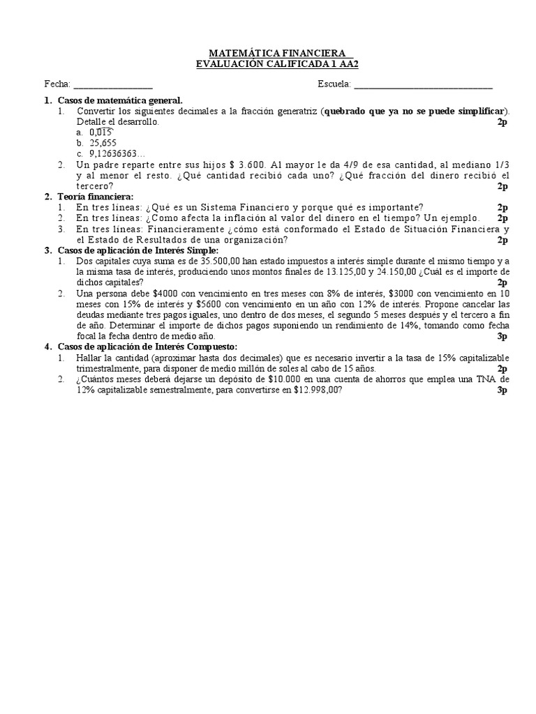 Evaluación Parcial 1 Matefin Aa2 Virtual 20201 | PDF | Finanzas Matemáticas | Dinero