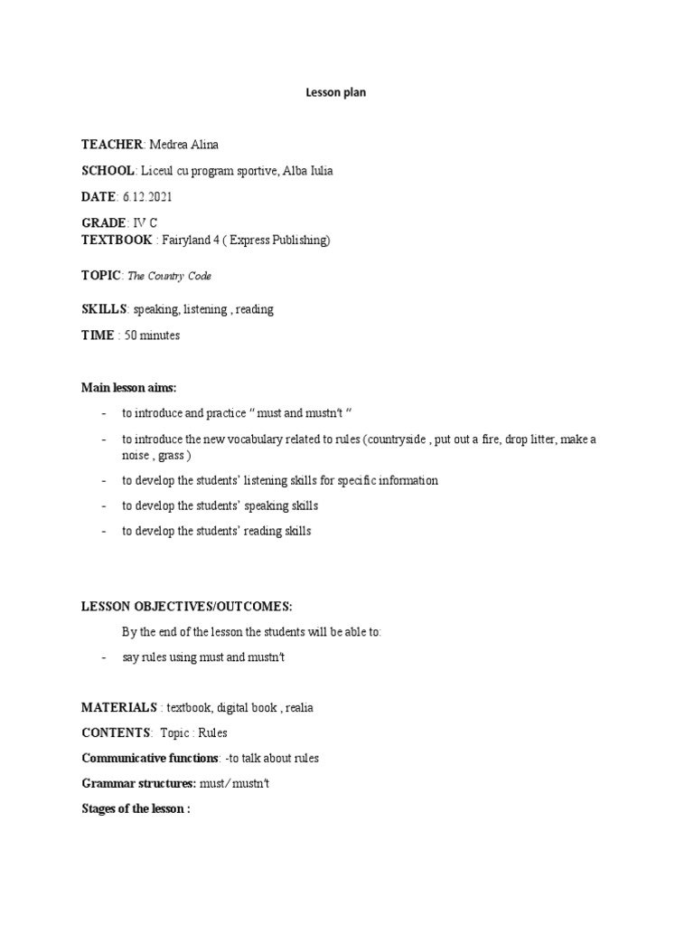 4th Grade Lesson Plan 5a Country Code | PDF | Lesson Plan | Learning