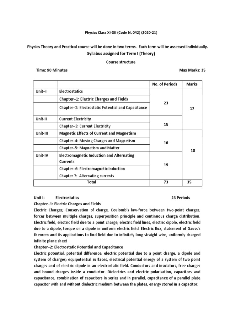 CBSE Class 12 Physics Syllabus 2021-2022 Term 1 | PDF | Optics ...