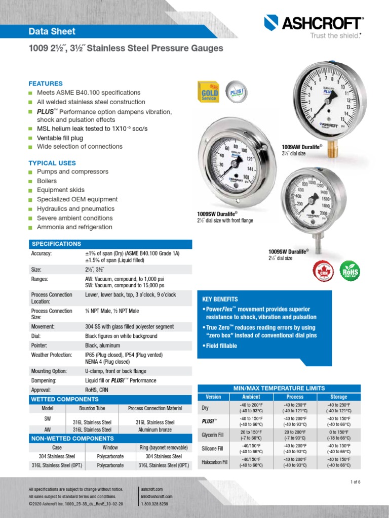 1009 2, 3 Stainless Steel Pressure Gauges: Data Sheet | PDF | Pressure ...