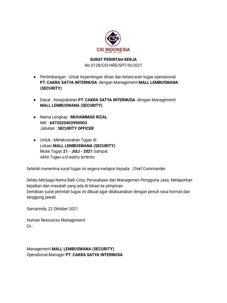Surat Perintah Kerja PT - Csi | PDF