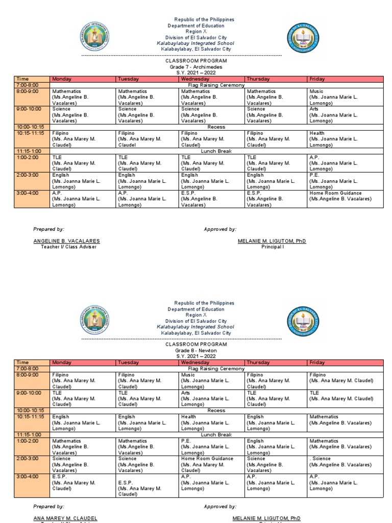 Class Program 2021-2022 G7-G8 | PDF