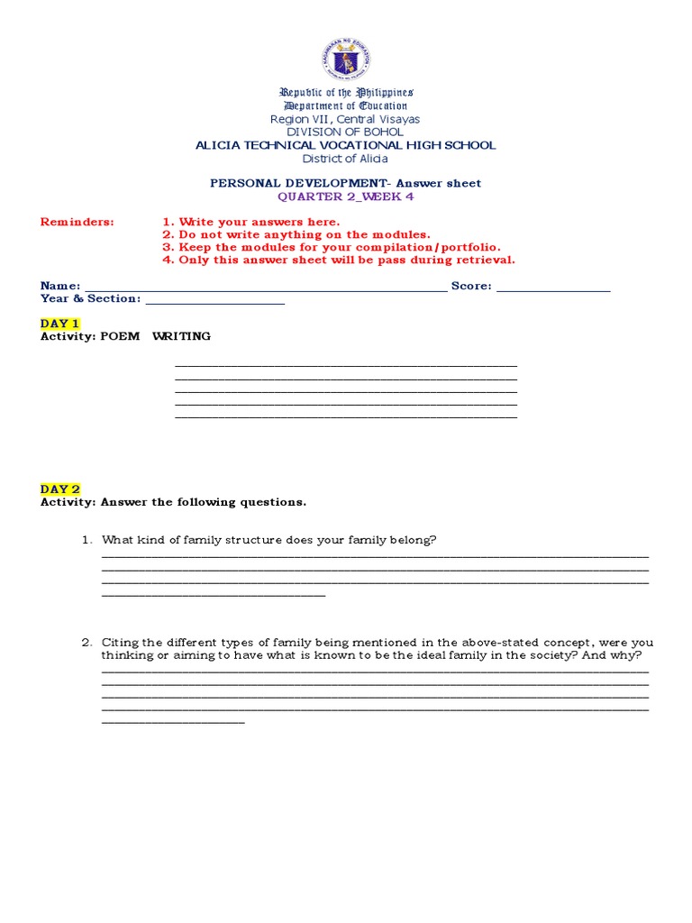 Personal Development Answer Sheet q2 Week 4 | PDF