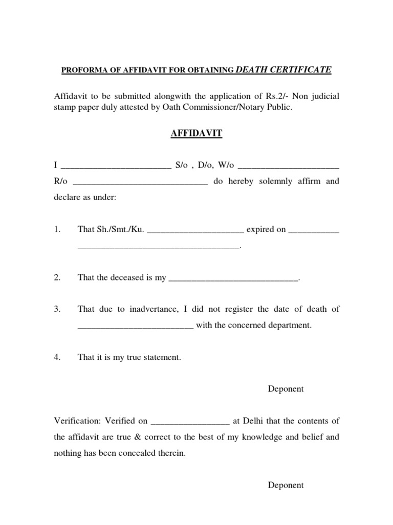 Death Certificate Affidavit Proforma | PDF
