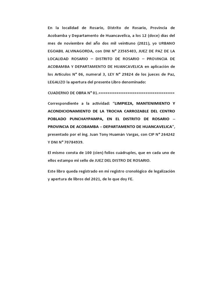 Acta de Legalizacion de Cuaderno de Obra | PDF