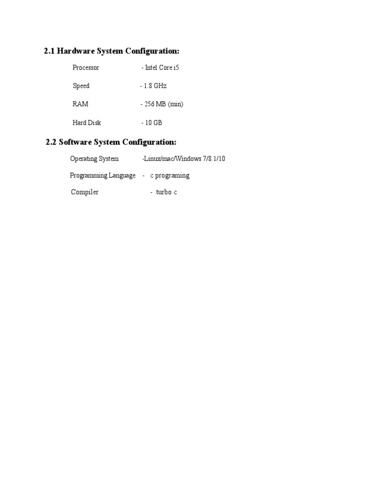 2.1 Hardware System Configuration:: - C Programing Compiler - Turbo C | PDF