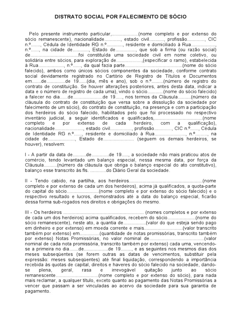Distrato Social Por Falecimento de Sócio | PDF | Nota promissória ...