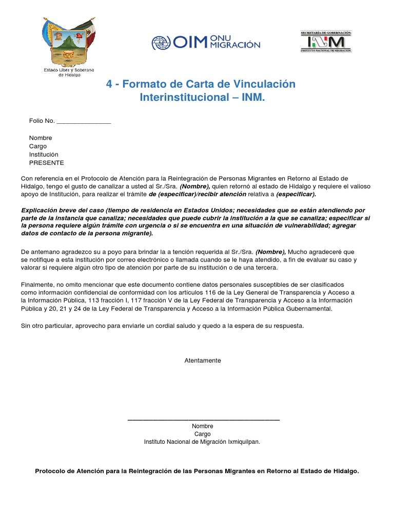 4 Anexo 1 - Formato de Carta de Vinculación Interinstitucional-INM | PDF
