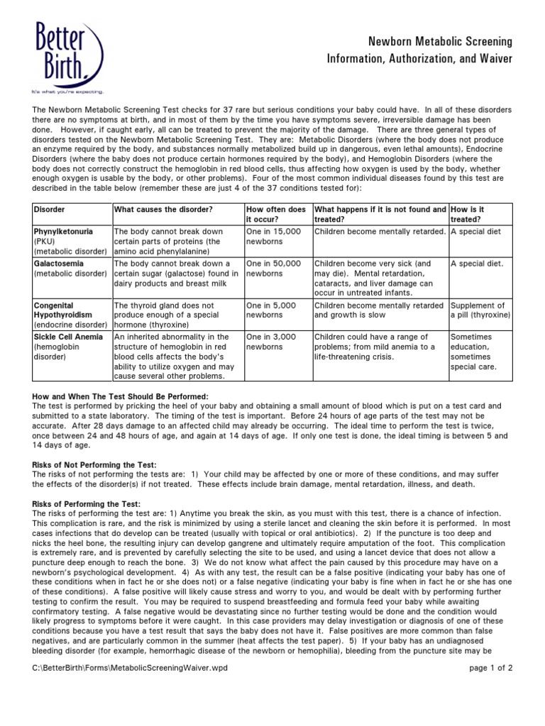 Newborn Metabolic Screening Overview | PDF | Health Sciences | Diseases ...