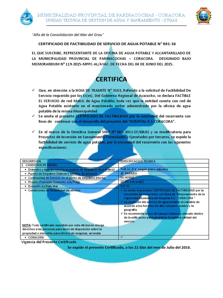 Certificado de Factibilidad | PDF | Alcantarillado | Agua