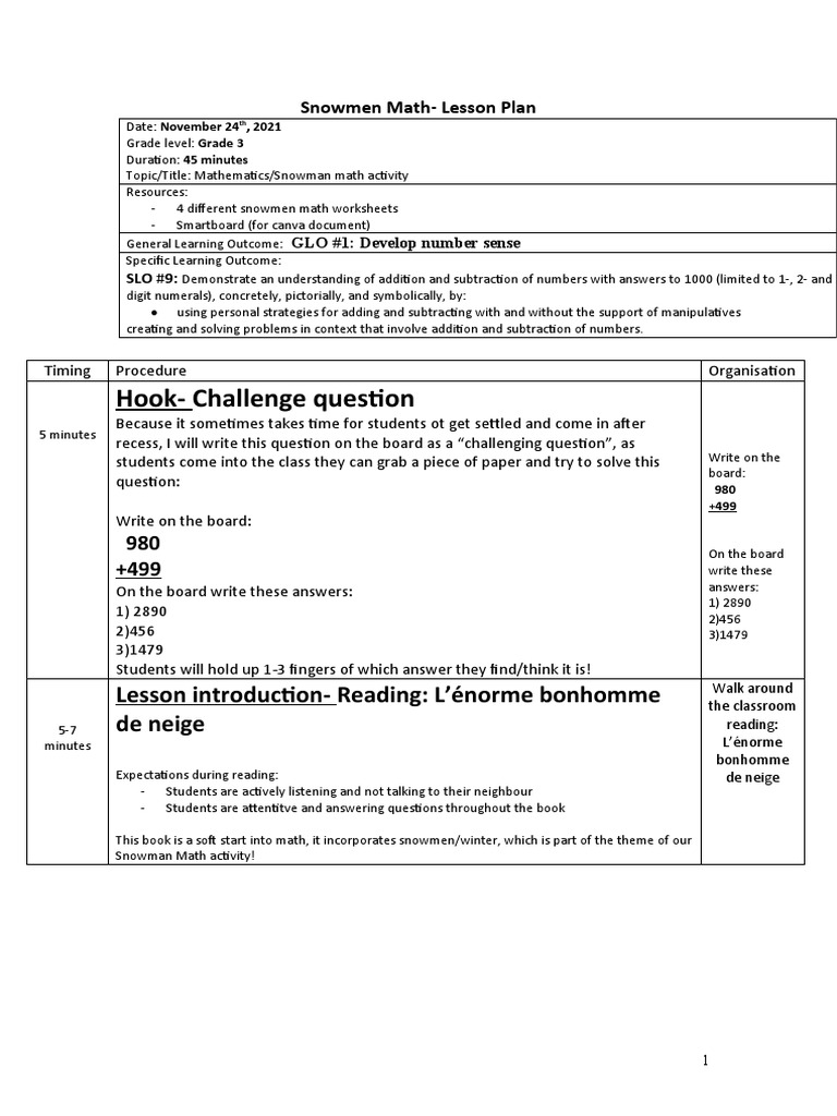 Snowmen Math Lesson Plan | PDF | Educational Psychology | Learning