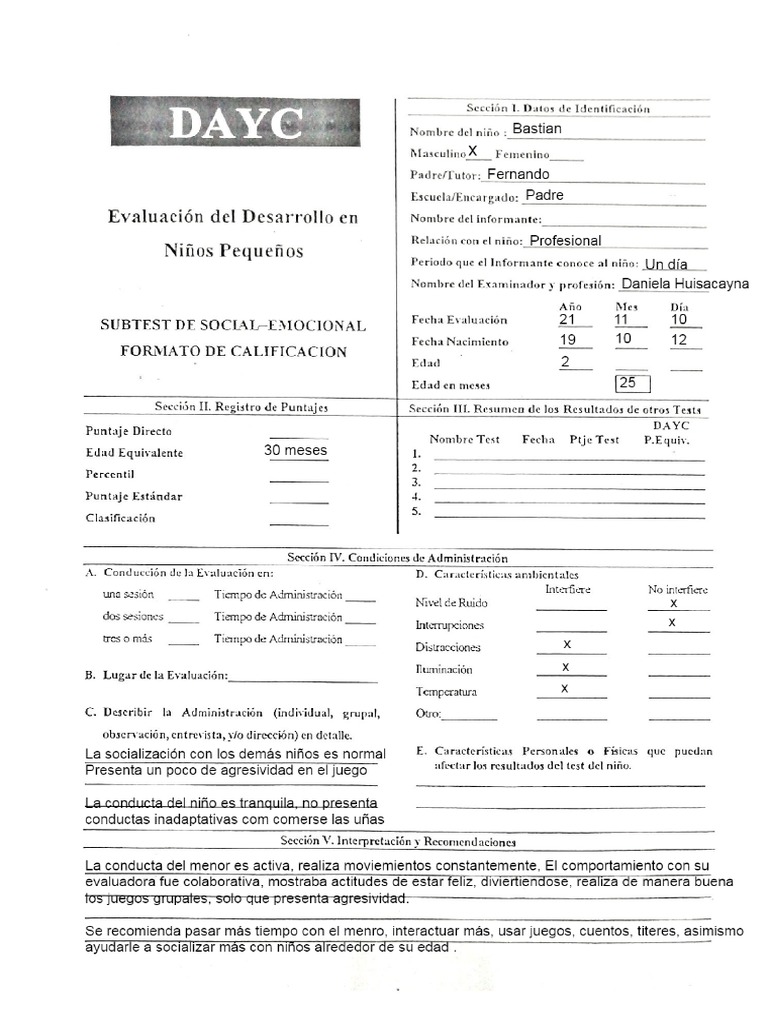Dayc Subtest de Social Emocional Formato de Calificación | PDF