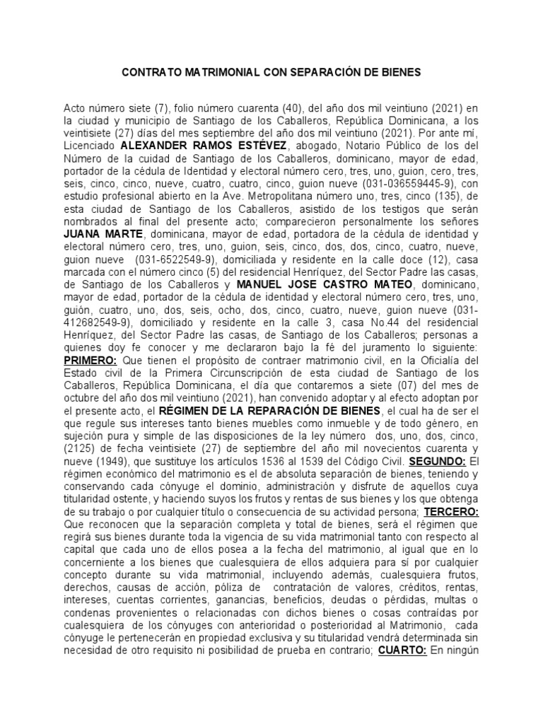 Contrato Matrimonial Con Separación de Bienes | PDF | Matrimonio ...
