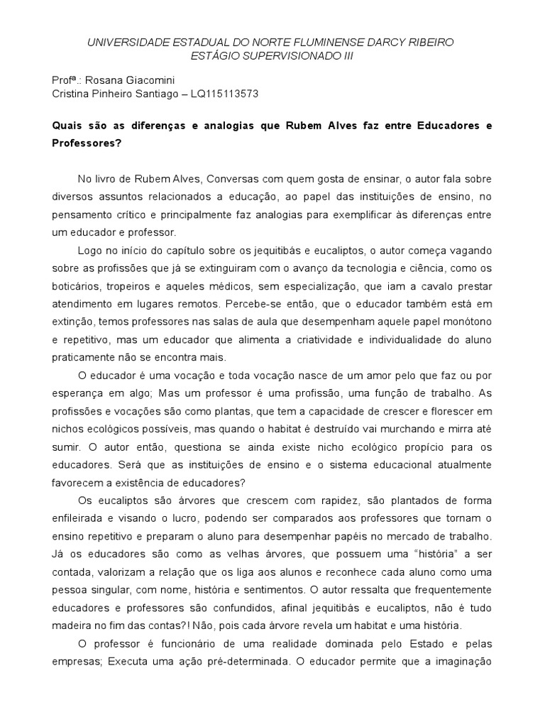 Livro Rubem Alves Conversa Com Quem Gosta De Ensinar Cristina Pdf