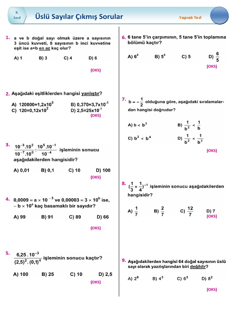 Uslu Sayilar Cikmis Sorular | PDF