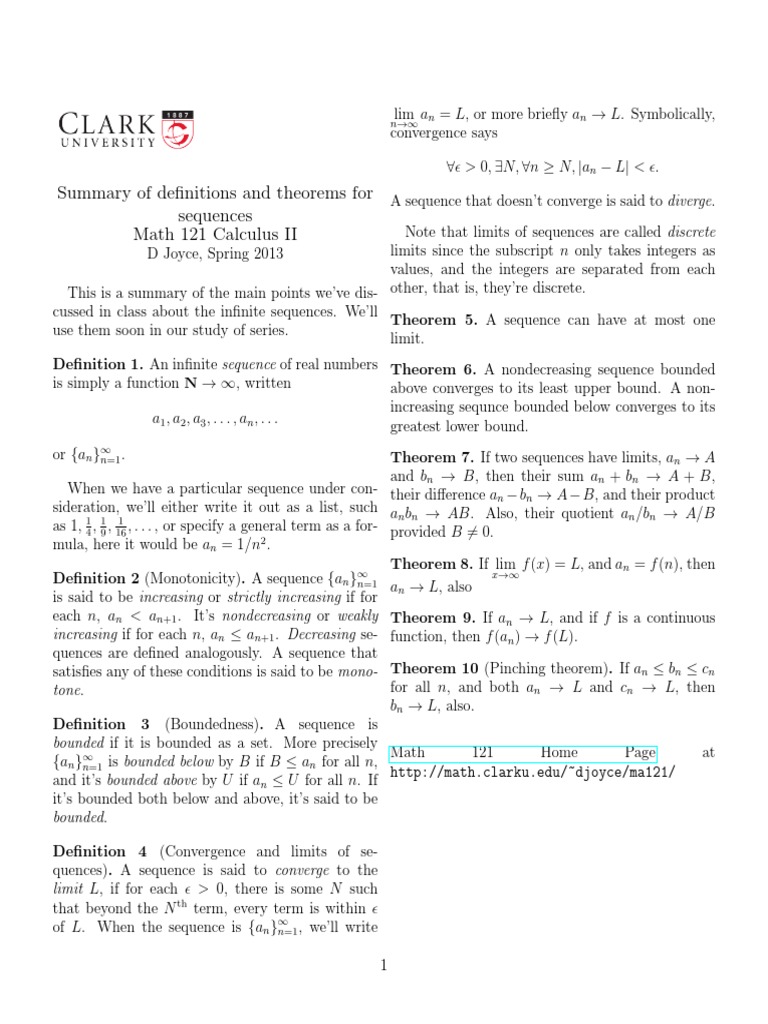 Summary Of Definitions And Theorems For Sequences Math 121 Calculus Ii Pdf Sequence